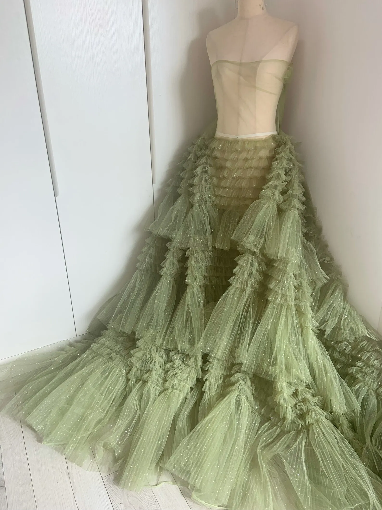Moss-Green-Ruffle-Fabric-With-Shimmer-For-Cake-Dress-Ruffles-Fabric-For ...
