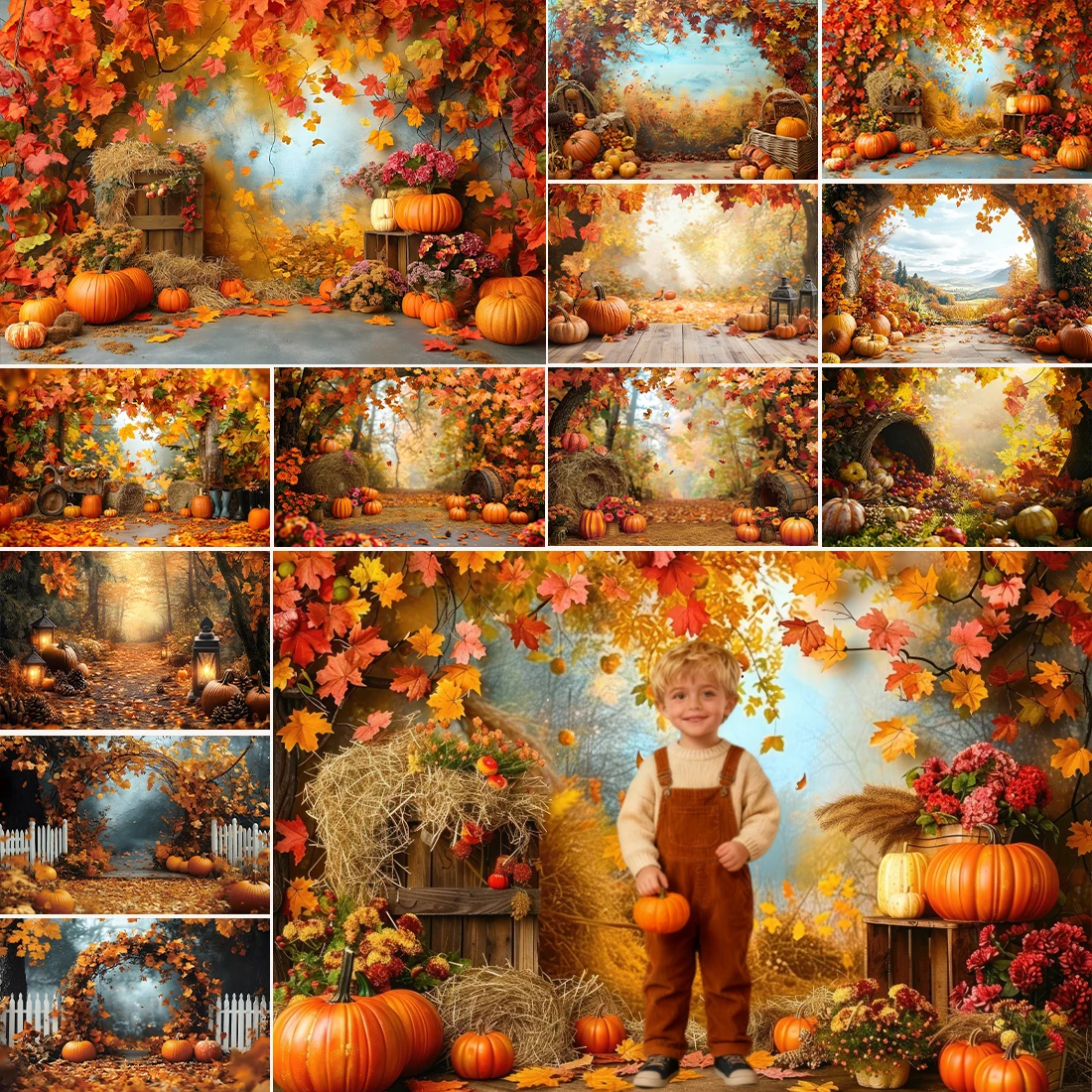 Autumn Backdrop for Photography Hay Pumpkin Maple Forest Family Kid ...