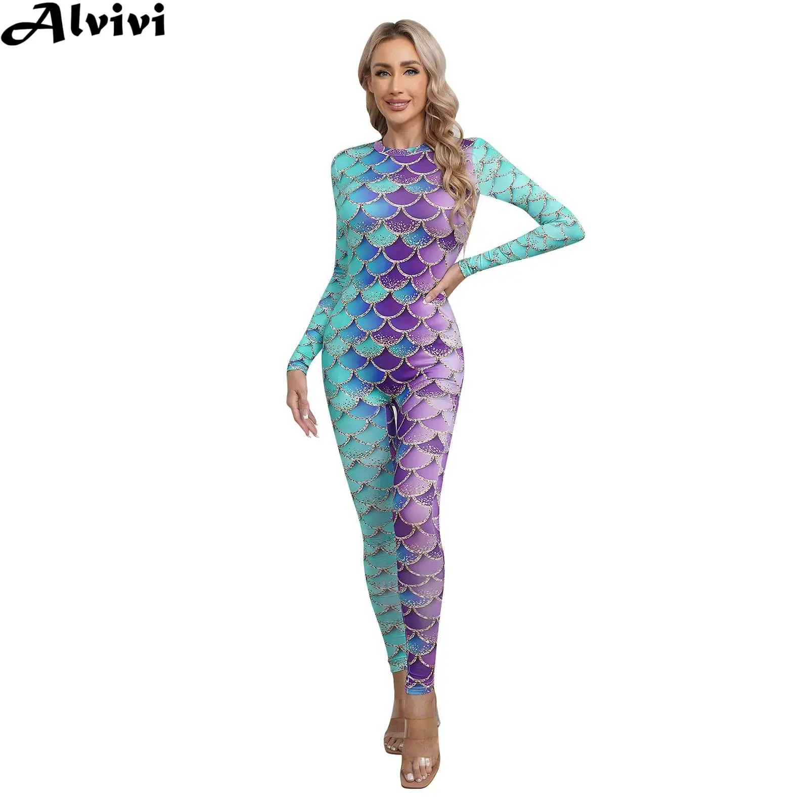 Women-Mermaid-Jumpsuit-Swimsuit-Long-Sleeve-Zipper-Shiny-Fish-Scale ...