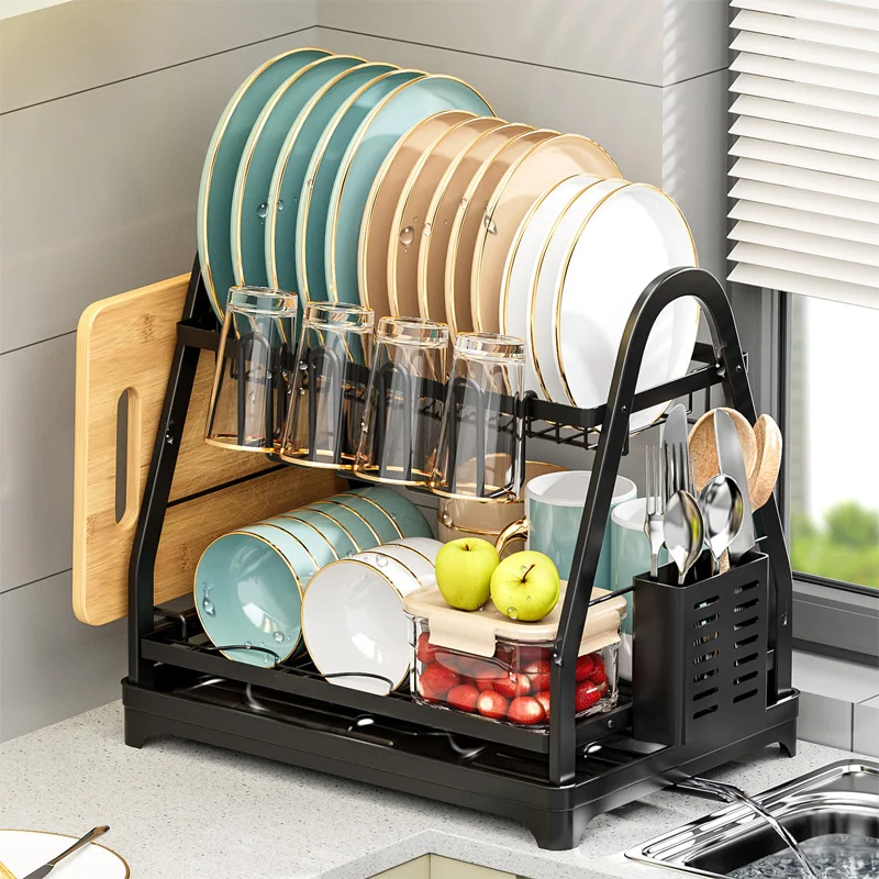 Kitchen-Dish-Bowl-Drying-Rack-2-Tier-Drainer-Storage-Rack-with-Dish ...