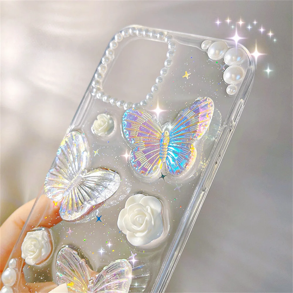 Funda de teléfono transparente con purpurina y mariposa para iphone 14 pro max, carcasa ...