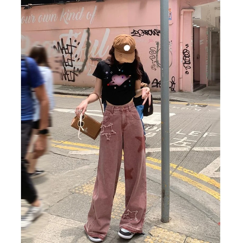 Pink-Women-s-Jeans-High-Waist-Printing-Straight-Fashion-Pants ...