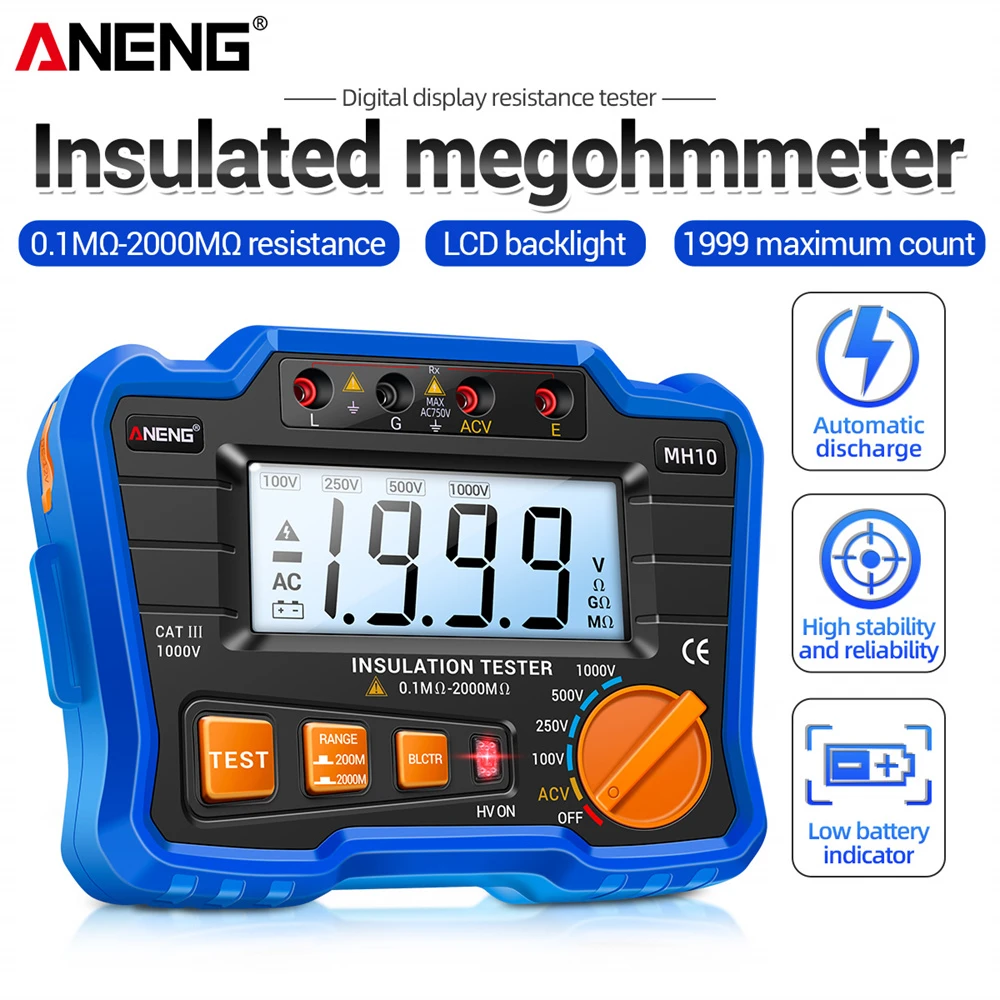 Aneng Mh10 Digital Megohmmeter Meter 100/250/500/1000v Insulation Earth ...