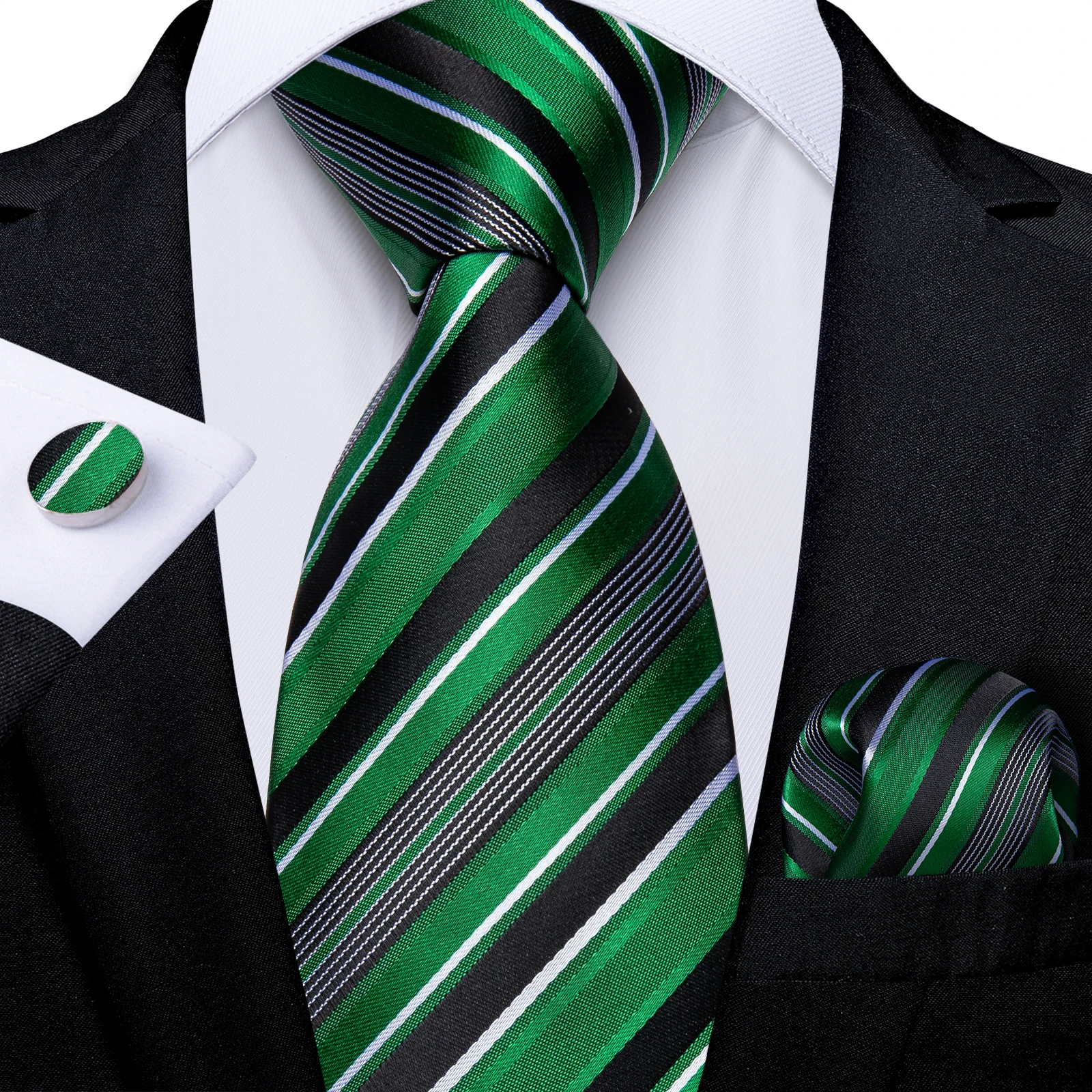 New Formal Ties Classic 100% Silk Green Striped Necktie Handkerchief ...