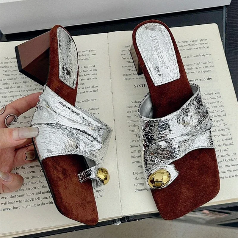 Retro Metal Buckle Chunky High Slippers Women Summer New Square Toe ...