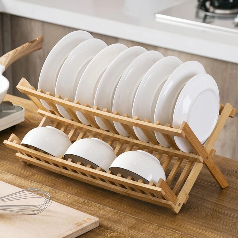 Storage-Tray-Bamboo-double-layer-Bowl-Tray-Rack-Convenient-Drain-Rack ...