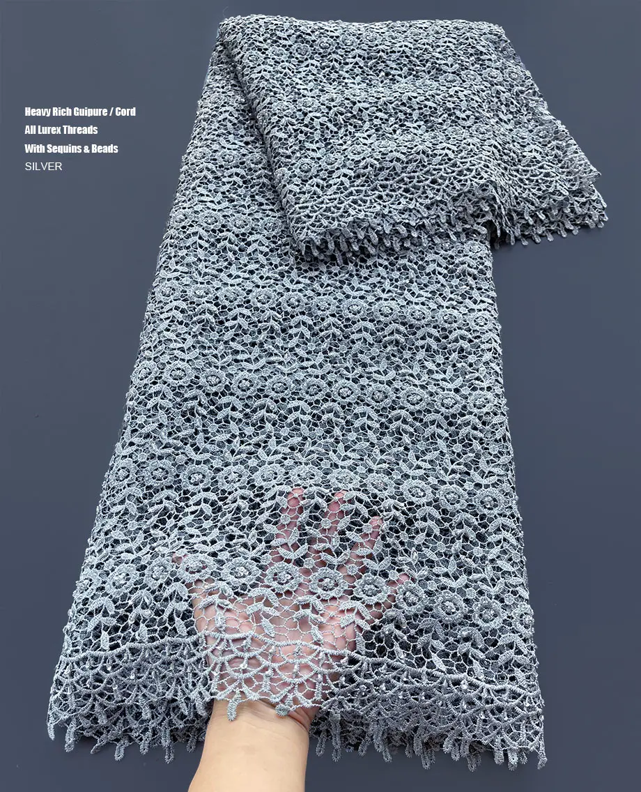 Silver-Metallic-Lurex-Embroidery-Guipure-Lace-Heavy-African-Cord-Lace ...