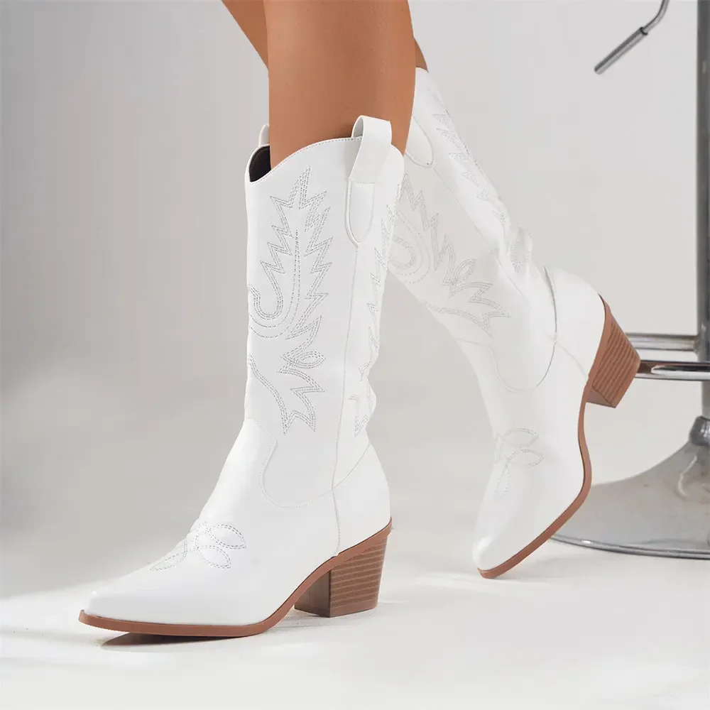 Plus-size-43-High-Quality-Block-Heels-Mid-calf-White-Cowboy-Boots-Women ...