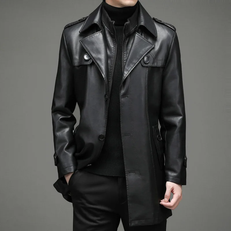 Autumn and Winter New Men's Leather Lapel Leather Jacket Men's Business ...