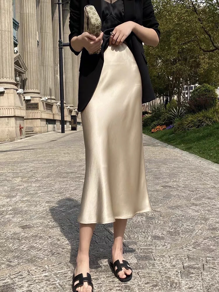 Silk-Satin-Skirts-for-Women-Korean-Style-Champagne-Office-High-Waist-A-line-Skirt-Fashion ...