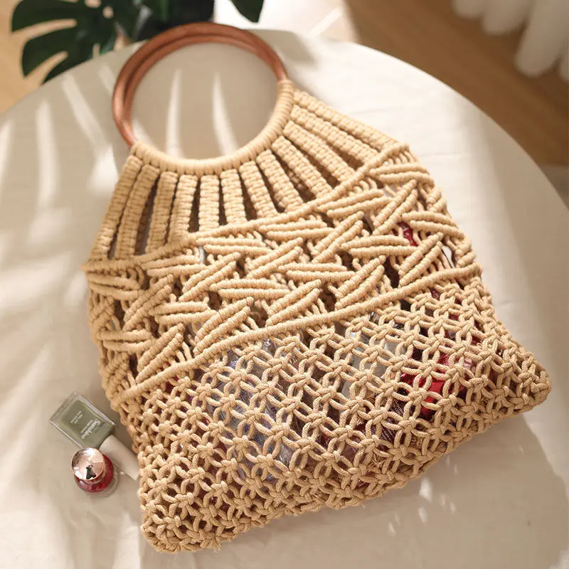 2023-Summer-New-Wooden-Handle-Rattan-Handle-Solid-Color-Hollow-Handmade ...