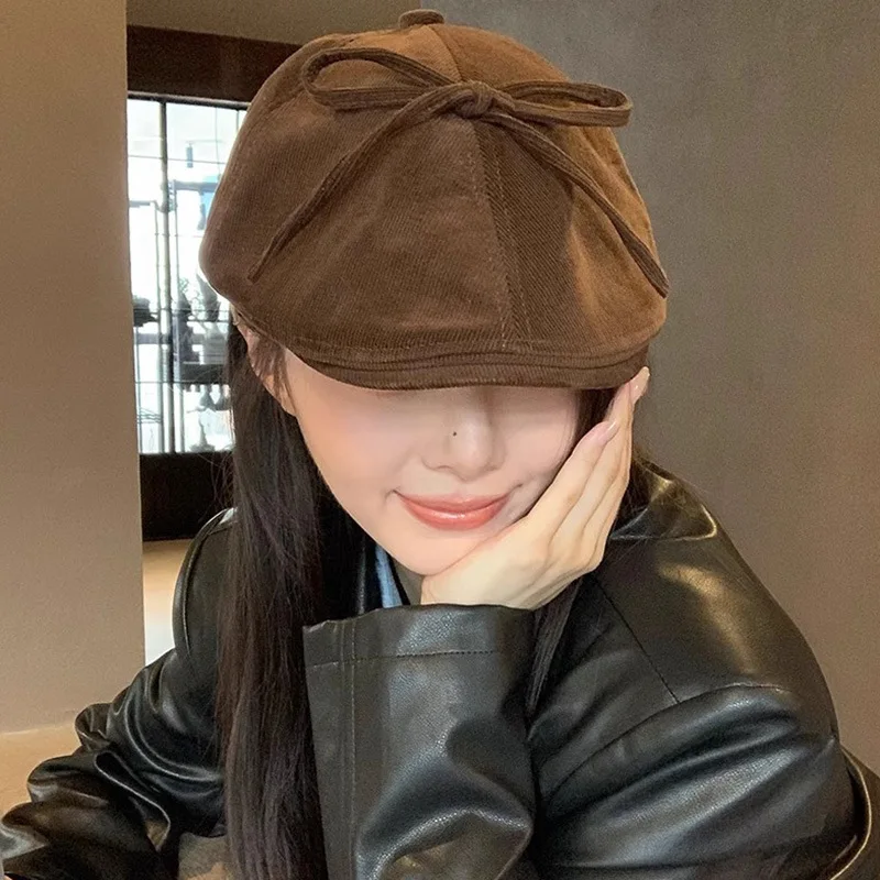 Korean-Sweet-Cute-Bow-Forward-Hat-Autumn-Winter-Warm-Corduroy-Beret ...
