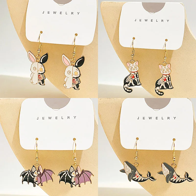 Funny-Half-Skull-Rabbit-Baw-Cat-Earrings-Cute-Cartoon-Animal-Enamel ...