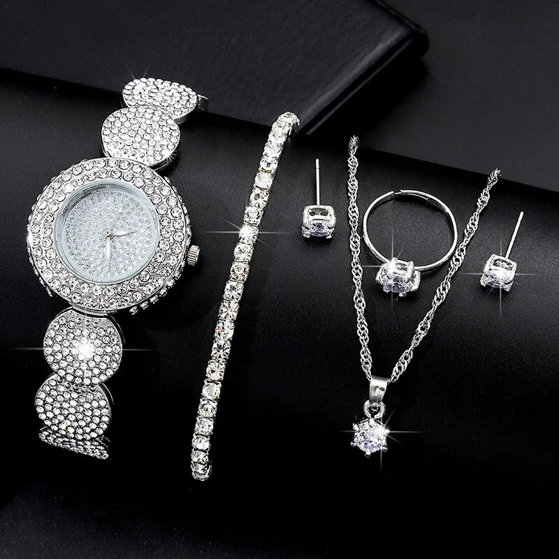 6PCS-Set-Luxury-Watch-Women-Ring-Necklace-Earrings-Rhinestone-Fashion ...