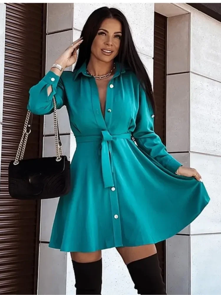 Vestido-camisero-de-manga-larga-con-cuello-vuelto-para-mujer-vestidos ...