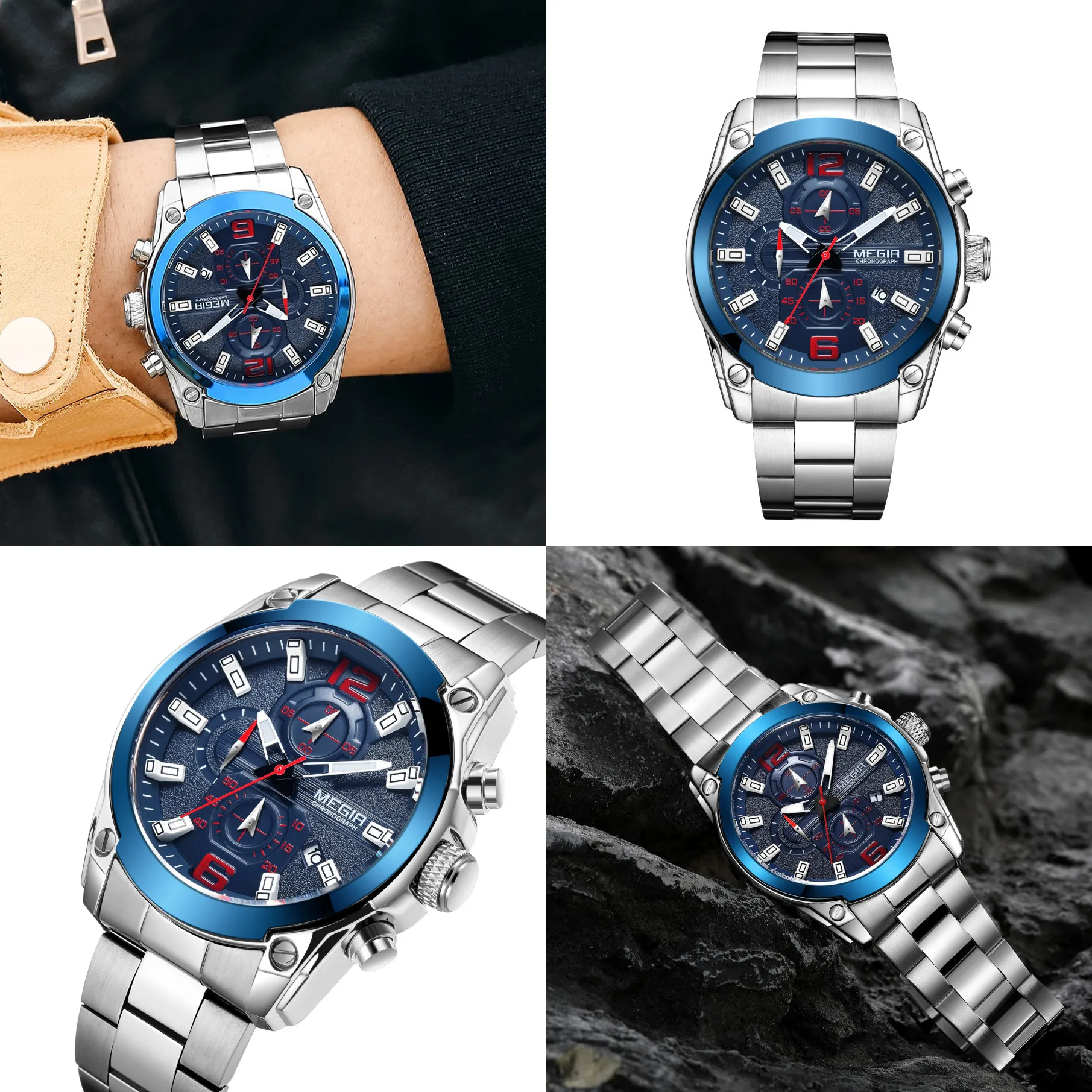 Luxury Men Chronograph Stainless Steel Wrist Waterproof Luminous Quartz ...