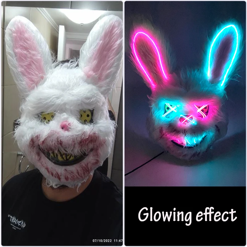 New Design Scary Neon Glowing Party Bloody Rabbit Cosplay Bunny Mask Halloween Carnival Costume ...