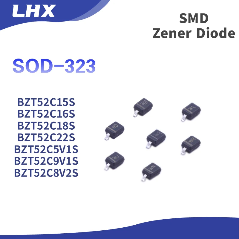 Diodo Zener SMD 100 piezas, BZT52C5V1S/BZT52C8V2S/BZT52C9V1S/BZT52C15S/BZT52C18S/BZT52C22S ...
