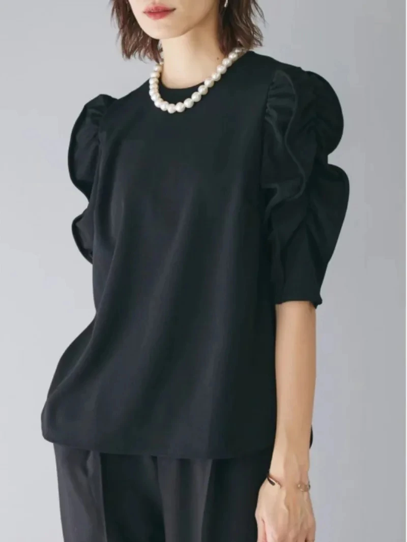 Ruched-Puff-Sleeve-Shirts-Blouses-2024-Woman-Blusas-Round-Enck-Ropa-Mujer-Japan-Style-Camisas ...
