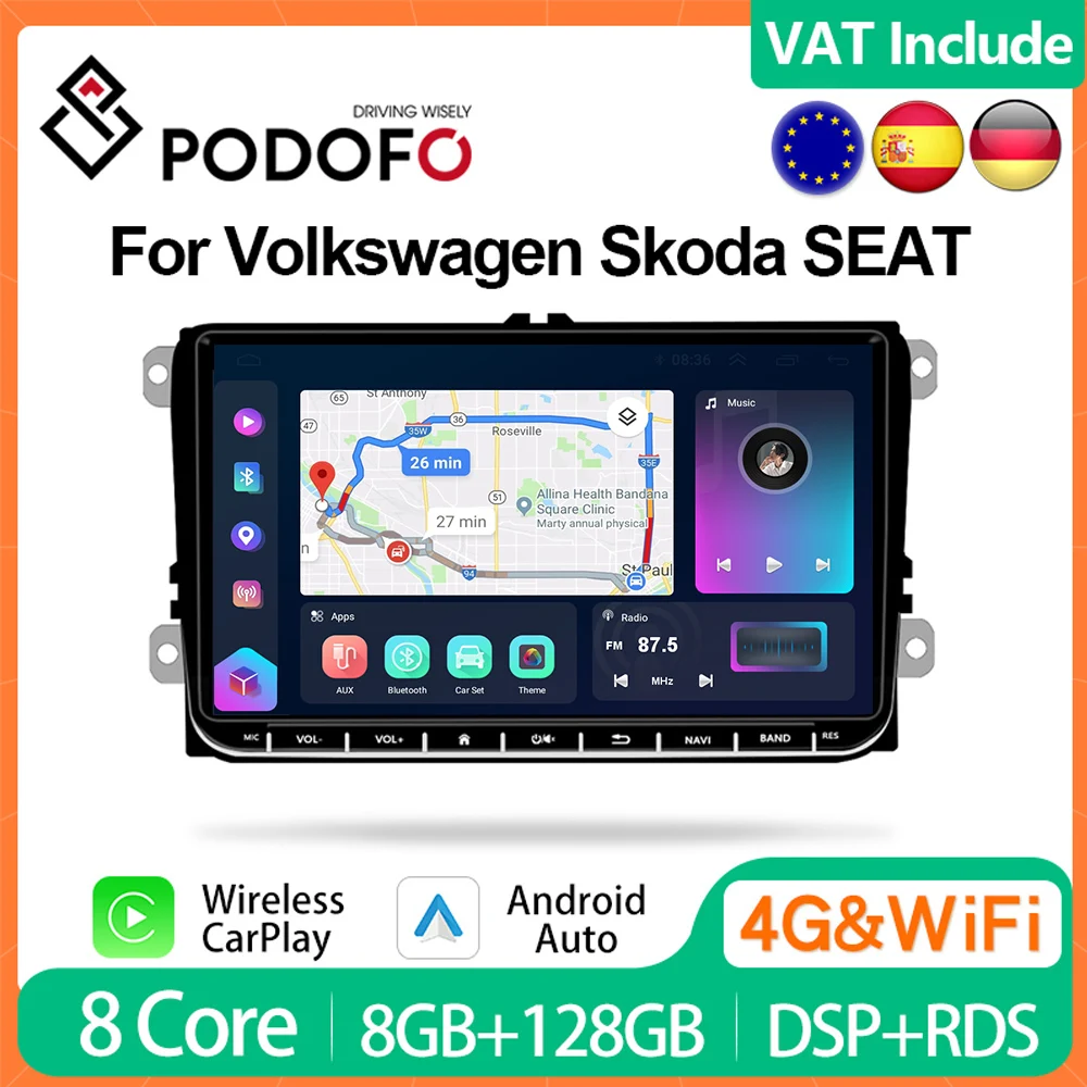 Podofo Carplay 4G Android Auto Radio for Volkswagen VW Passat B6 B7 CC Tiguan Touran GOLF POLO ...