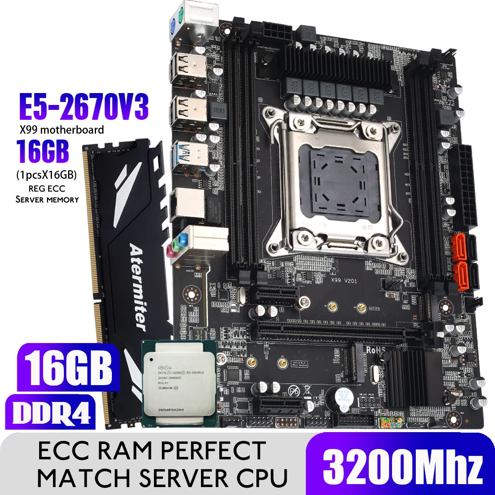 Atermiter d4 conjunto de placa mãe com xeon e5 2670 v3 LGA2011 3 cpu reg ecc ram 1*16gb 3200 ...