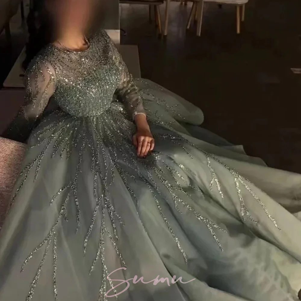 Luxury Beaded Sequin Ball Gown With Transparent Long Sleeved Haute ...