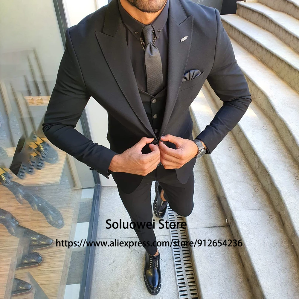 Classic Black Slim Fit Suits For Mens 3 Piece Jacket Pants Set Groom ...