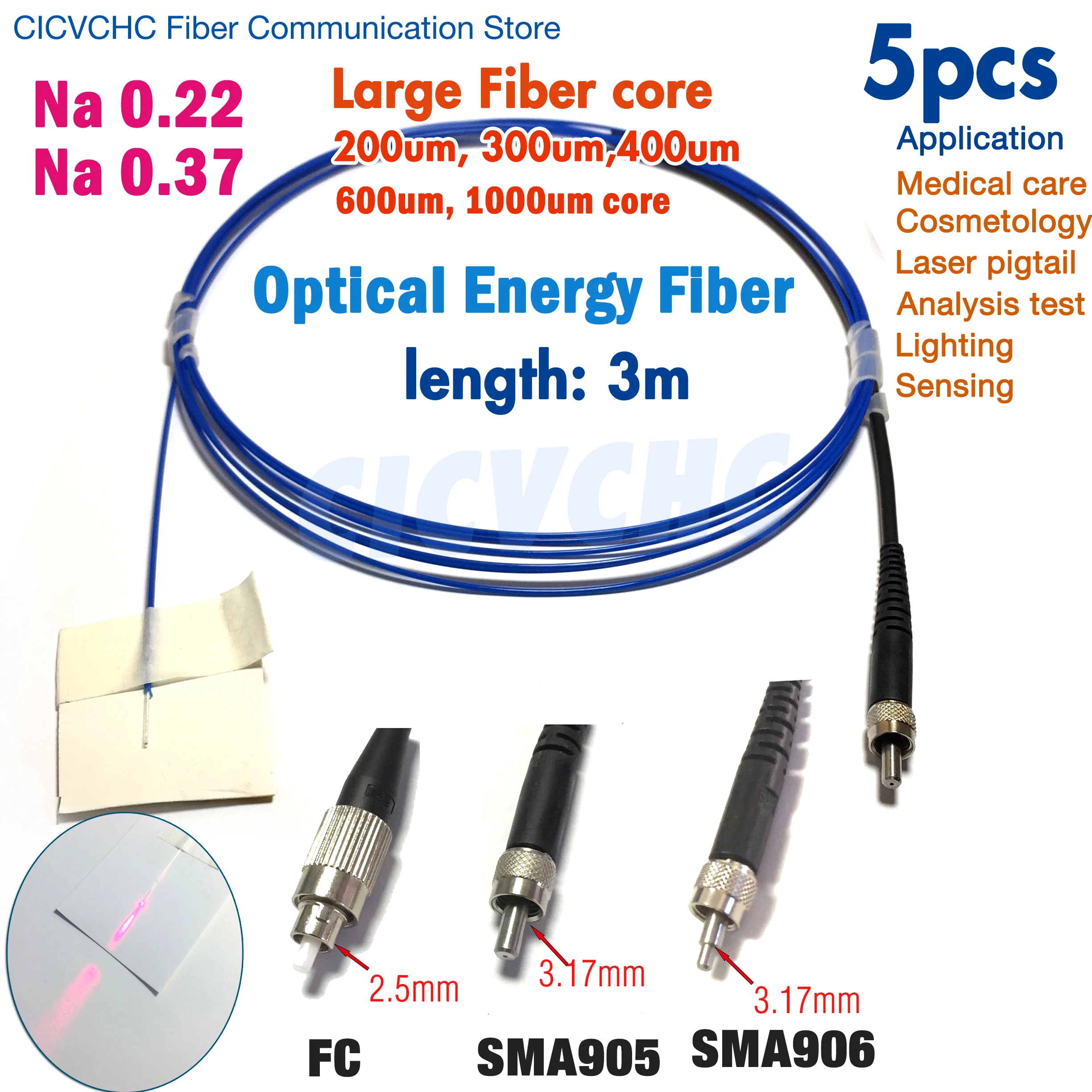 5pcs SMA905 SMA906 FC Energy Fiber Optic Pigtail with 200um, 300um ...