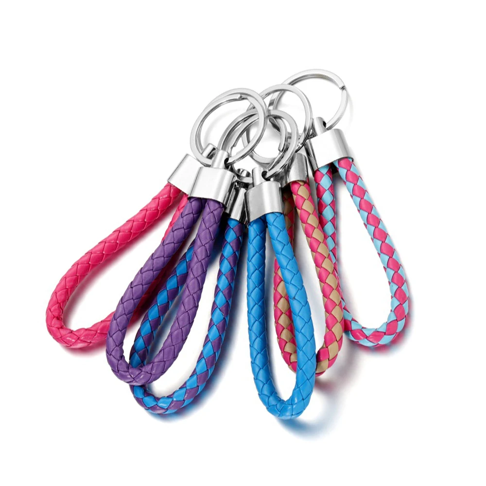 5Pcs/Lot Colorful PU Leather Braided Rope Keychain Key Ring for DIY Key ...