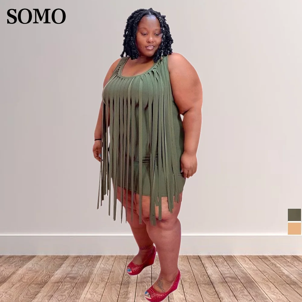 SOMO Plus Size Women's Clothing Sleeveless Crew Neck Tassels Solid ...