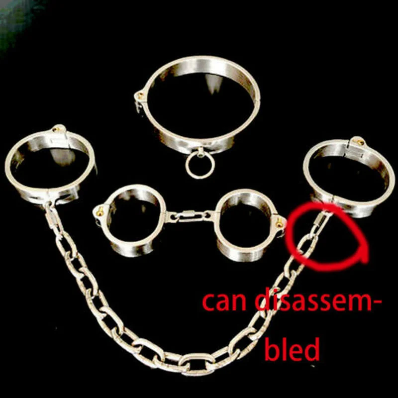 Stainless Steel Metal Neck Collar Handcuffs Ankle Cuffs Slave BDSM Bondage Set Detachable Metal ...