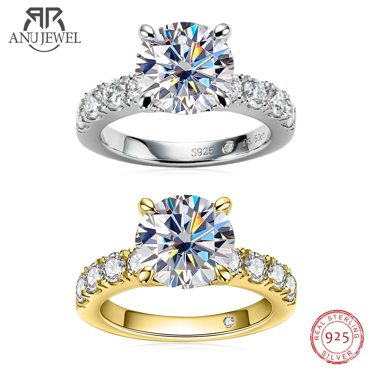 AnuJewel 4.3cttw D Color Moissanite Engagement Rings 925 Sterling ...