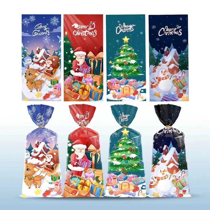 50/100Pcs Christmas Candy Bags with Ties Santa Claus Biscuit Gift ...