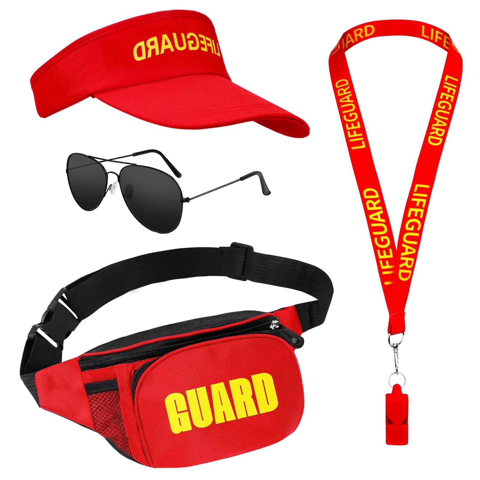 4PCS-LifeGuard-Costume-Accessories-Lifeguard-Hat-Fanny-Pack-Whistle ...