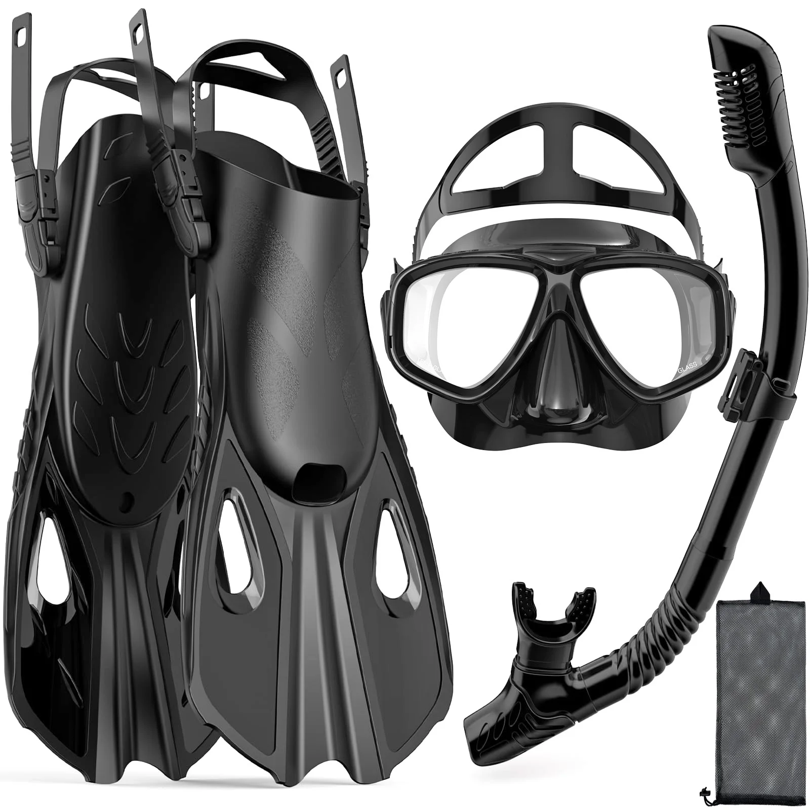Mask Fins Snorkel Set 4 in 1 Panoramic View Dry Top Adjustable Short ...