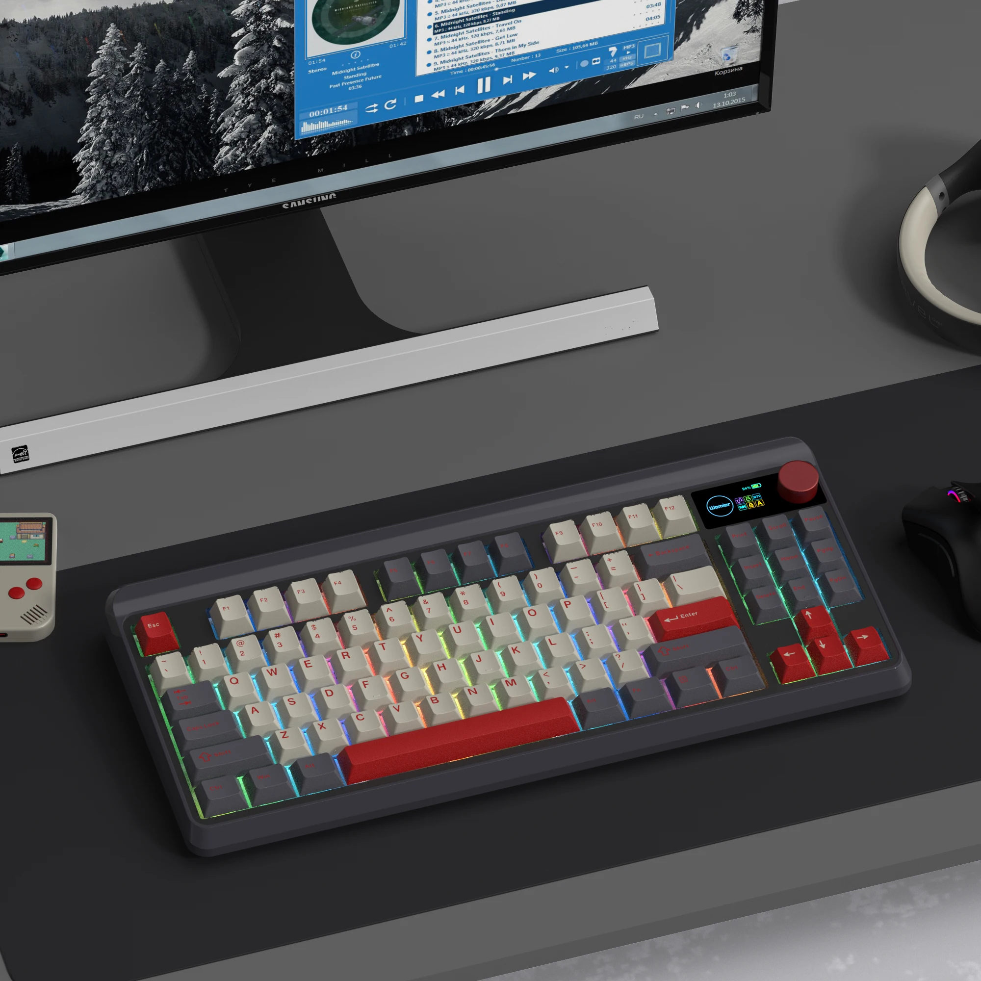 M87 PRO Retro Grey Red OLED Display Knob 75% TKL Tri-Mode Wireless ...