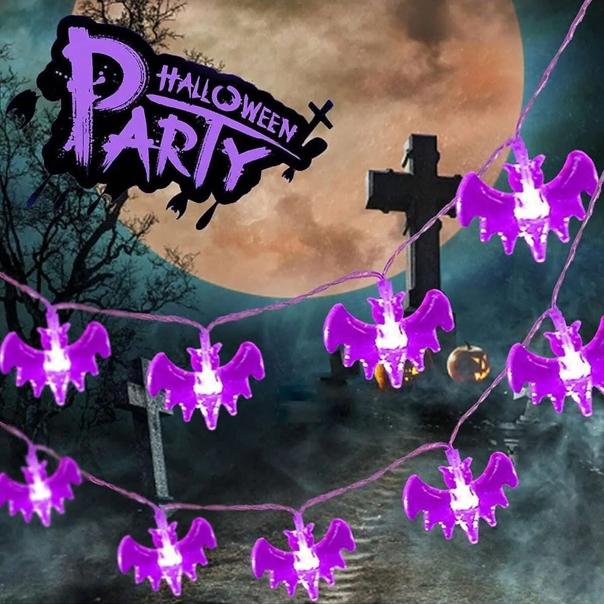 1pc Halloween 10/20/30 LED Purple Bat String Lights Battery Operated ...
