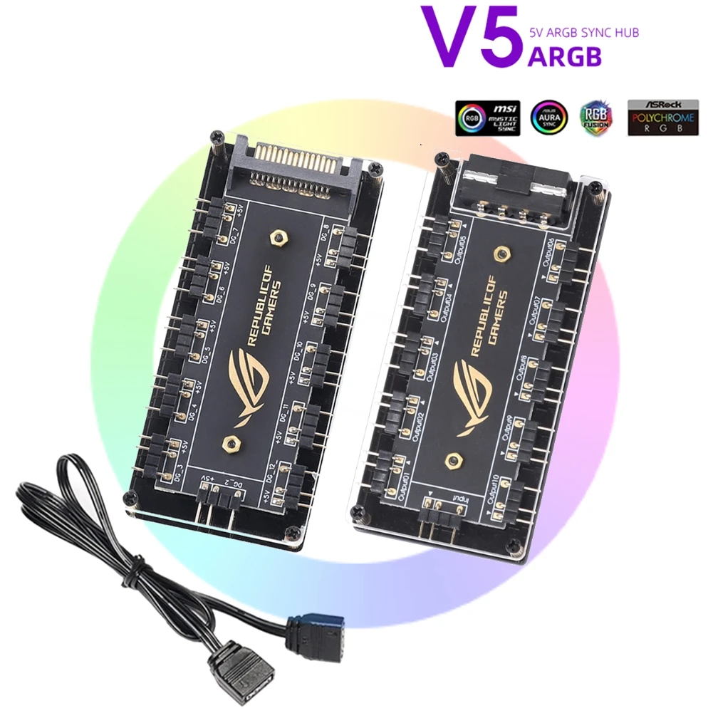 ASUS AURA SYNC RGB 10 허브 스플리터, SATA 전원 연장 케이블 어댑터, PC 팬 쿨러, 12V 4 핀 RGB ...