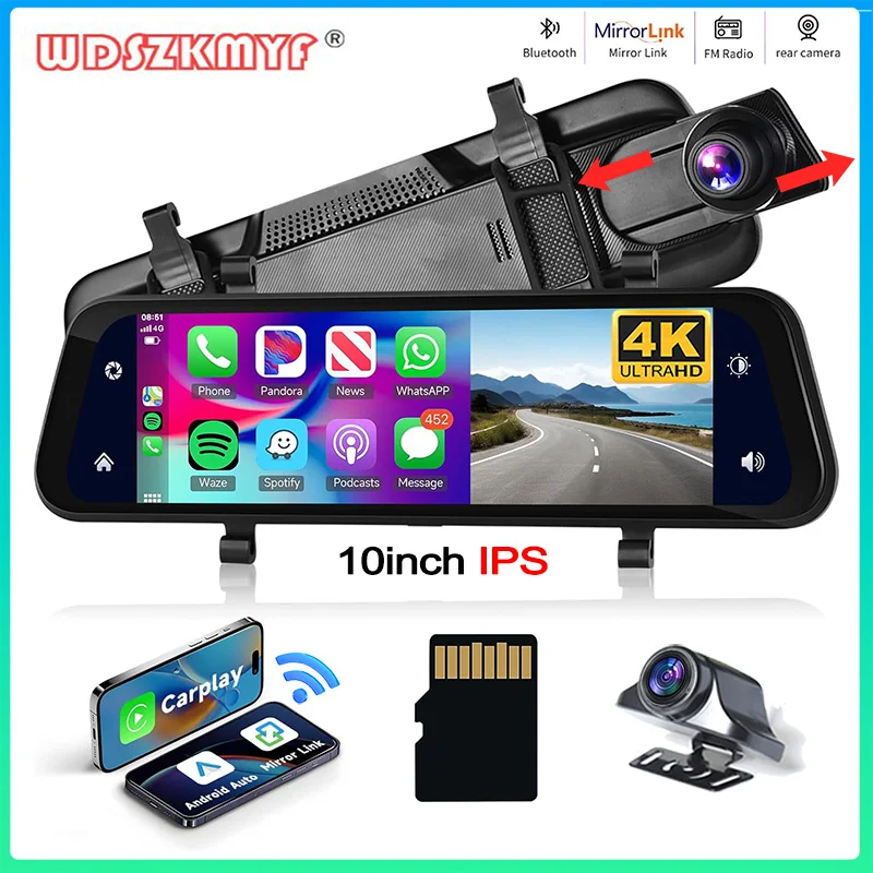 10inch Mirror Car DVR 4K Front and Rear Camera Touch Screen Wireless ...