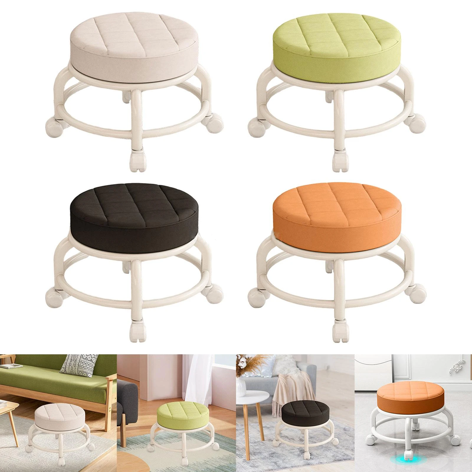 Low-Round-Roller-Seat-Stool-PU-Leather-Seat-Padded-Footrest-360-Degree ...