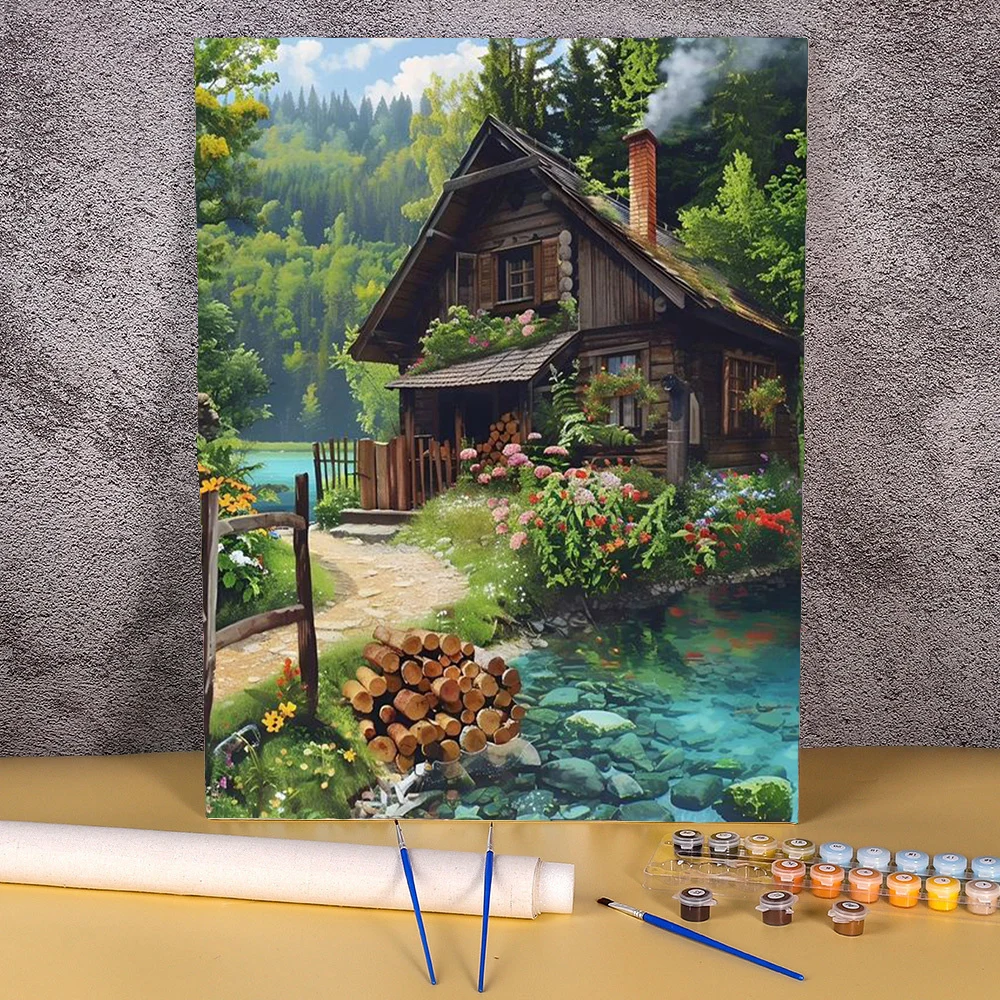 Oil-Paint-By-Numbers-Kits-Forest-House-Scenery-Painting-By-Numbers-On ...