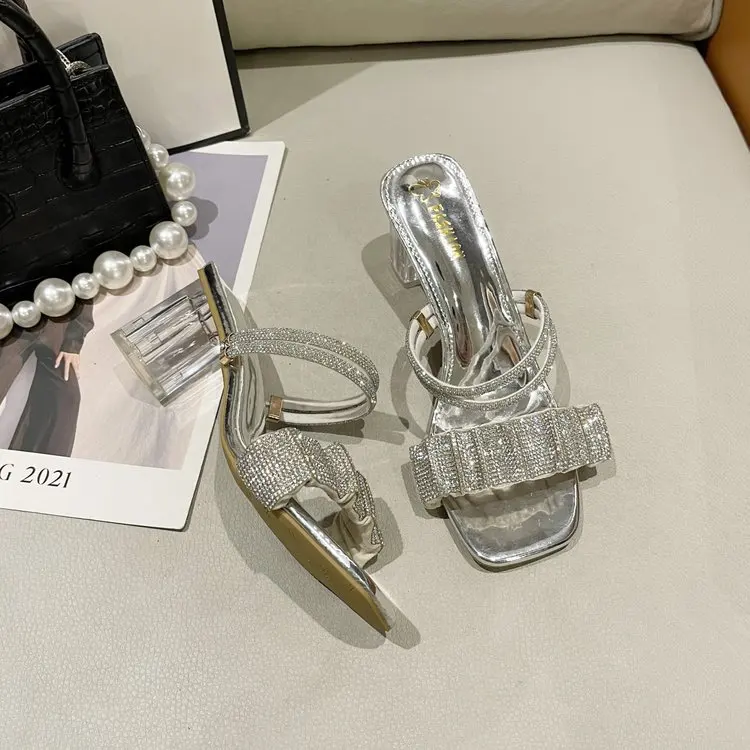 New Ankle Strap Green Women's High Heels Slipper Crystal Square Toe ...