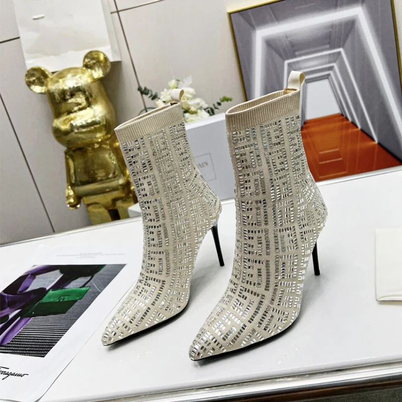 Botas de tela elástica con diamantes de imitación para Mujer, botines ...