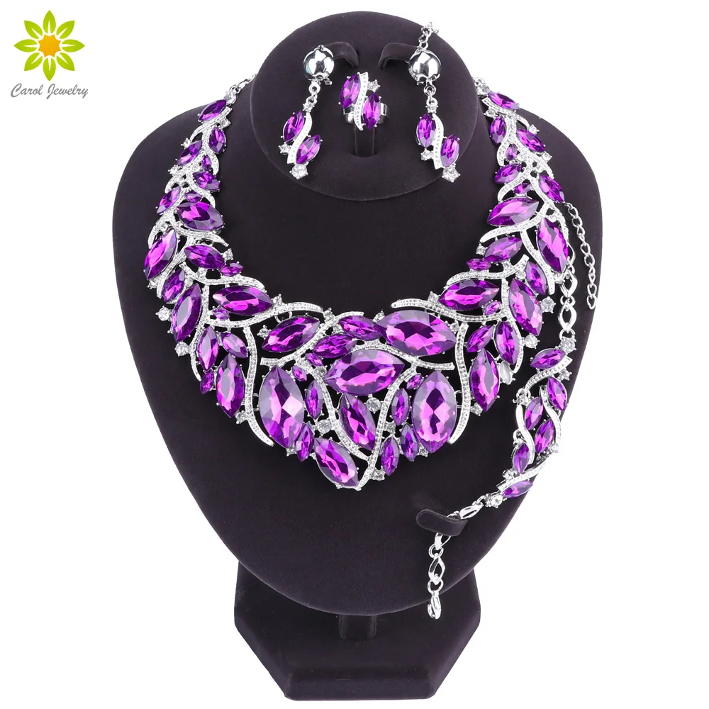 Luxury Silver Plated Purple Crystal Bridal Jewelry Sets For Brides ...