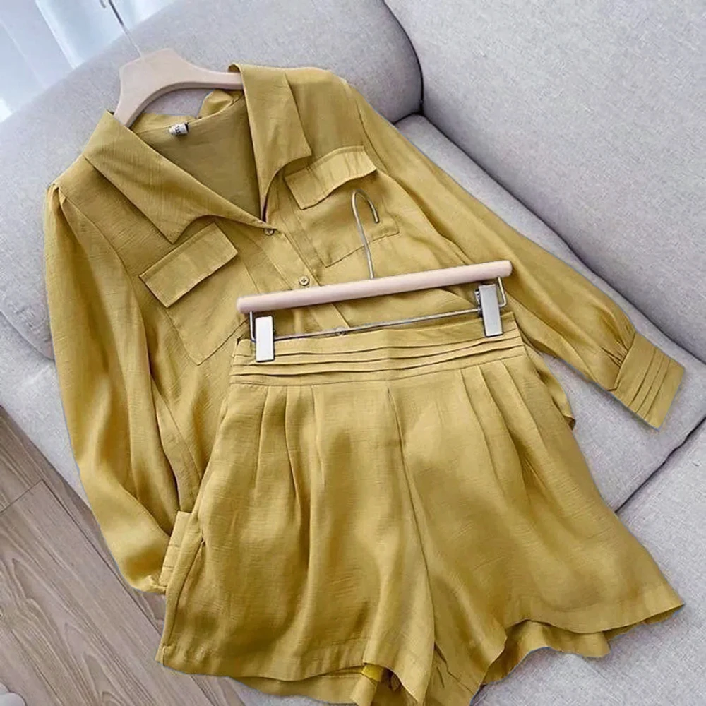 Spring-Summer-Solid-Color-Short-Set-Women-Simple-Casual-Style-Long ...
