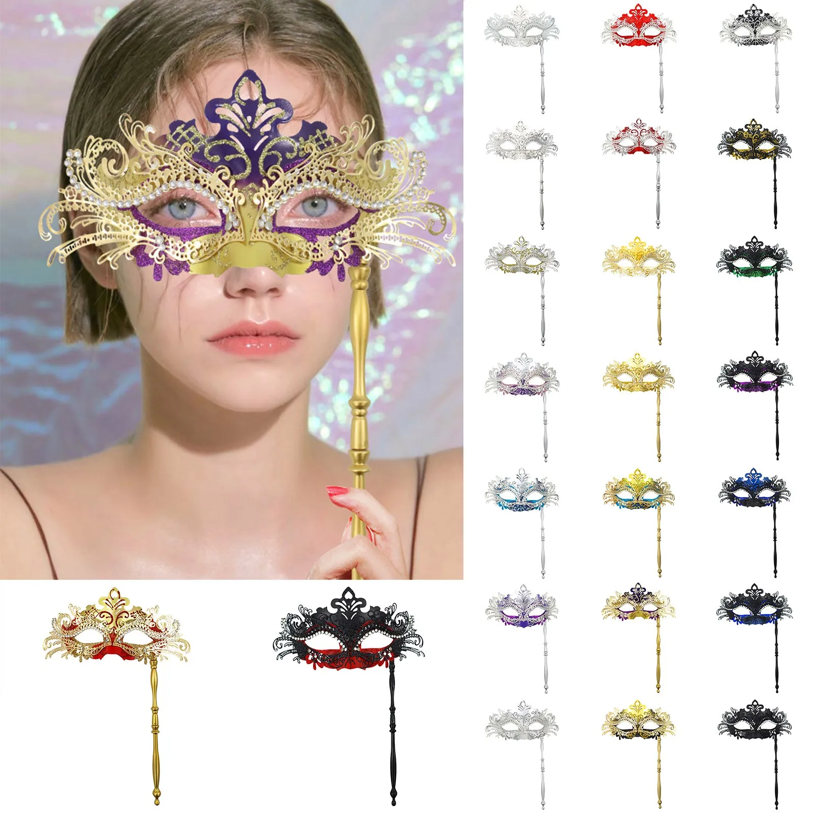 21-colors-Handheld-Women-Masquerade-Half-Face-Iron-Masks-With-Stick ...