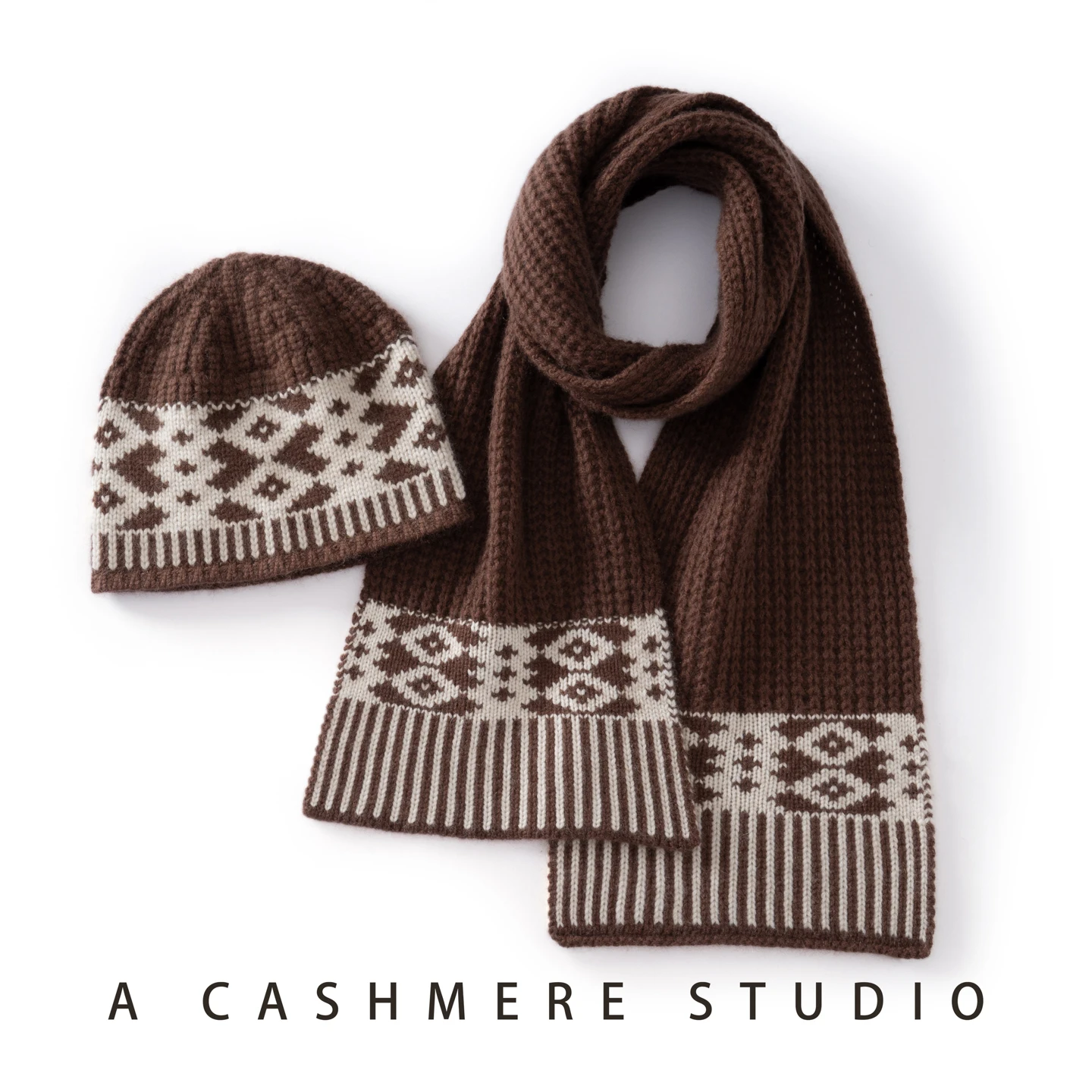 Unisex Pure Cashmere Knitted Scarf Hat 2-Piece Fashion Jacquard Casual ...