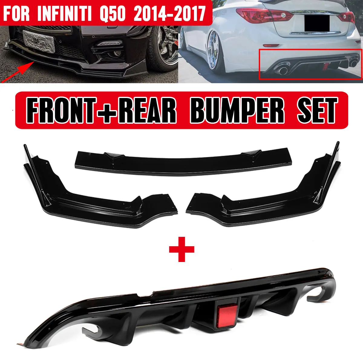 Car-Front-Rear-Bumper-Lip-Set-Diffuser-Spoiler-Guard-Apron-W-LED-Brake ...
