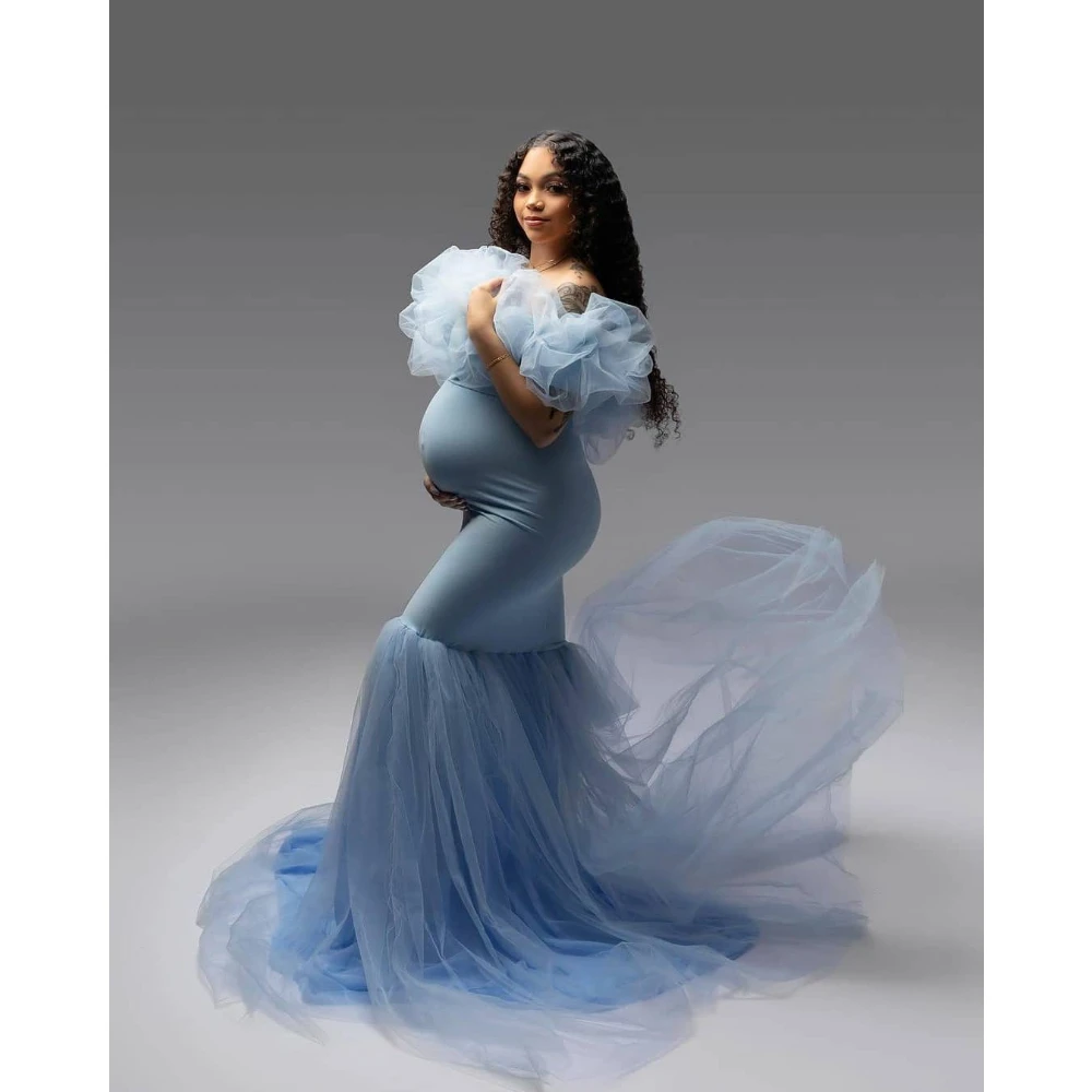 Elegant Blue Mermaid Maternity Dresses Puffy Ruffles Pregnant Women ...