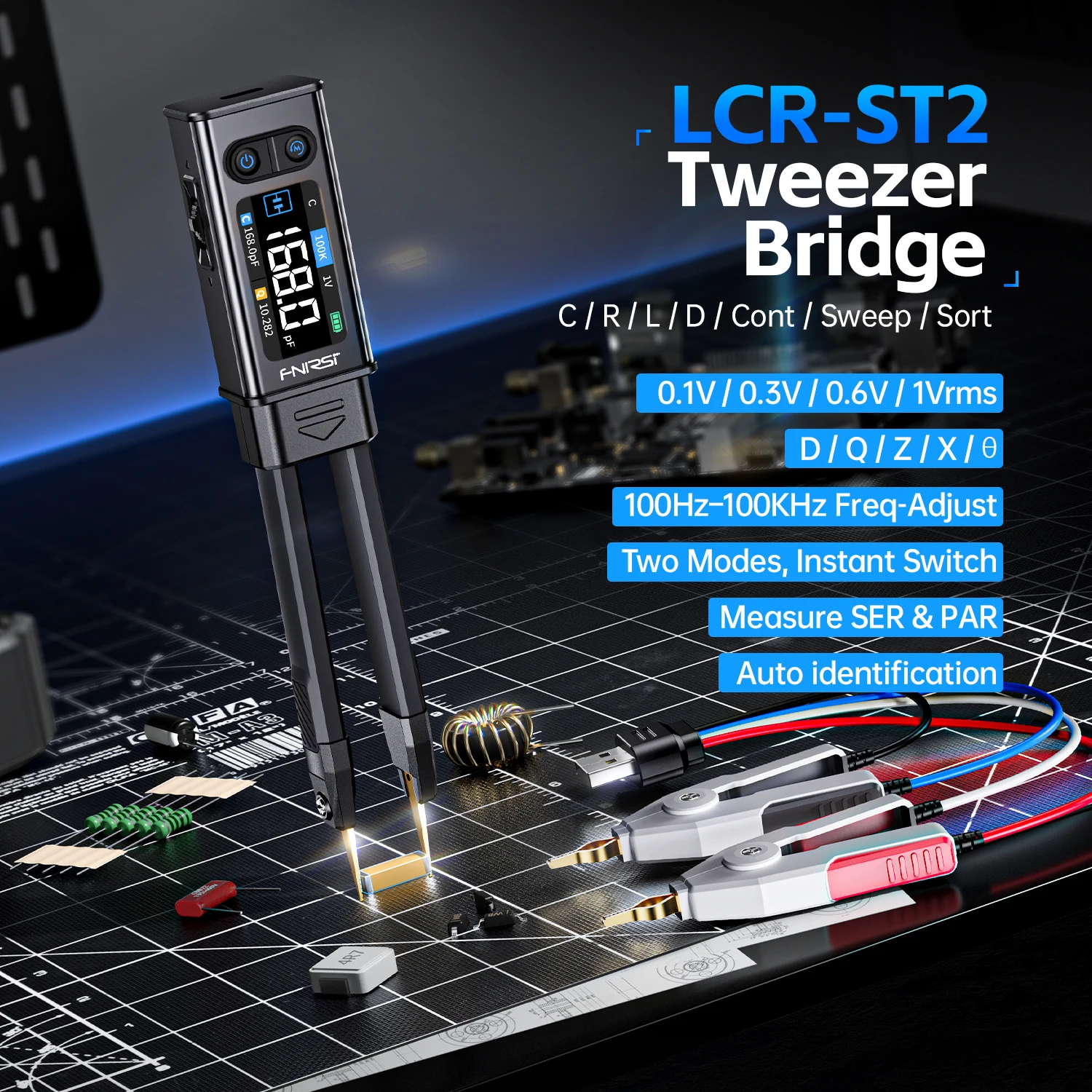 FNIRSI LCR-ST2 2-in-1 Digital Tweezer Bridge LCR ESR Meter SMD Test ...